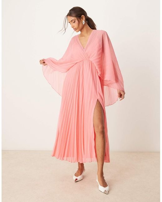 ASOS Cape Detail Pleated Maxi Dress in Pink | Lyst