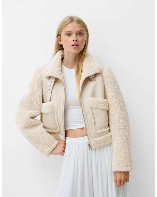 Bershka Shearling And Faux Leather Jacket in Natural | Lyst UK