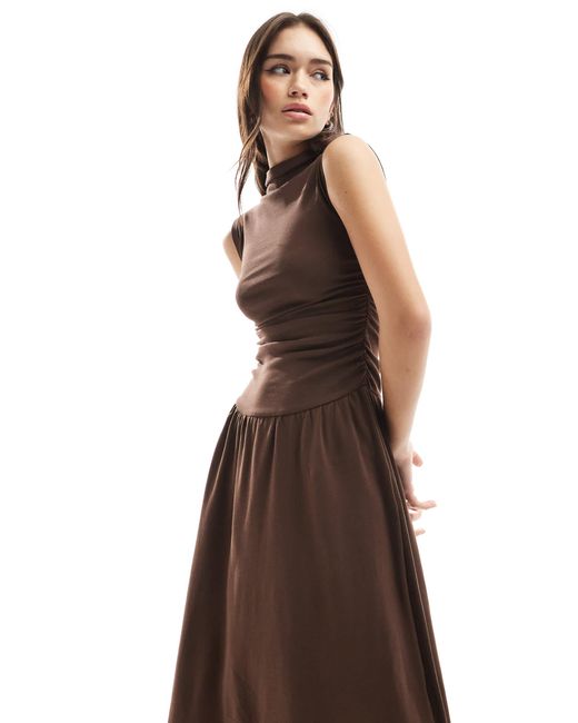 Stradivarius High Neck Drop Waist Midi Dress in Brown | Lyst
