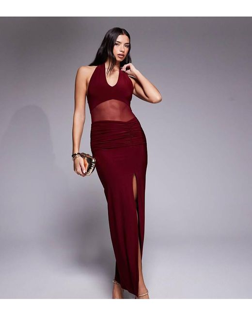 Kaiia Exclusive Double Layered Slinky Halterneck Sheer Mesh Panel Maxi ...