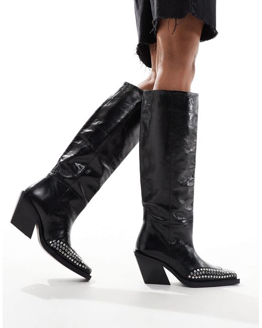 ASOS Cassie Premium Leather Western Knee Boots With Stud Detail in ...