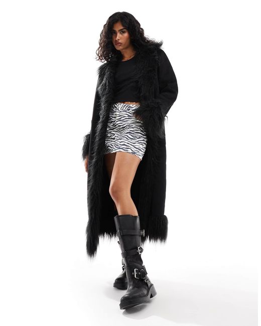 ASOS Longline Faux Suede And Fur Coat in Black | Lyst