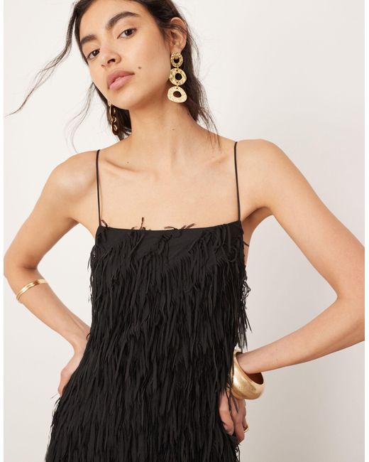 ASOS Textured Fringe Cami Maxi Dress With Low Back in Black | Lyst