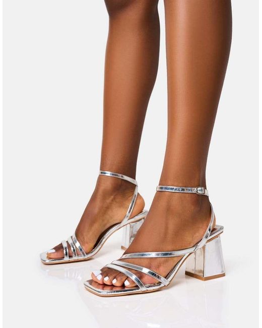 Public Desire Robin Strappy Square Toe Mid Block Heels in Metallic ...