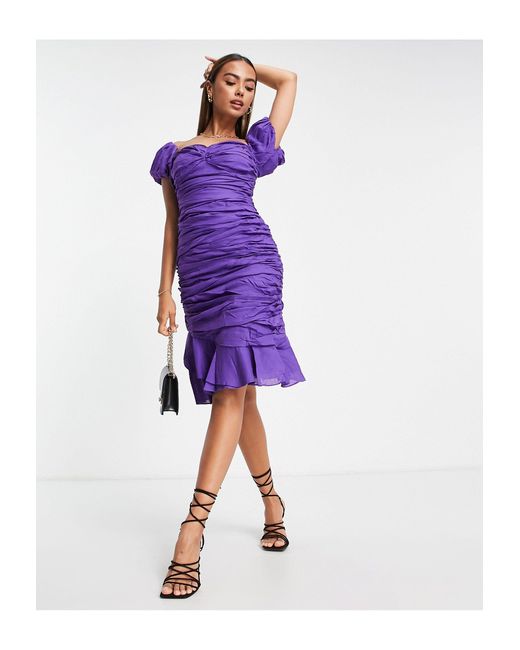 Urban Revivo Puff Sleeve Ruched Midi Dress In Purple Lyst Canada