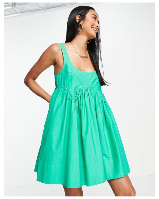 Asos Square Neck Mini Smock Sundress In Green Lyst