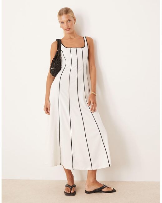 Mango Sqaure Neck Midi Dress With Contrast Seam Detail in Natural | Lyst