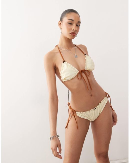 Reclaimed (vintage) Tie Front Triangle Bikini Top With Frills in Natural | Lyst