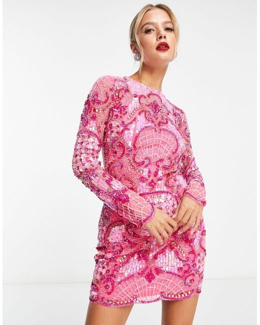ASOS Scallop Embellished Jewel And Sequin Mini Dress in Pink | Lyst