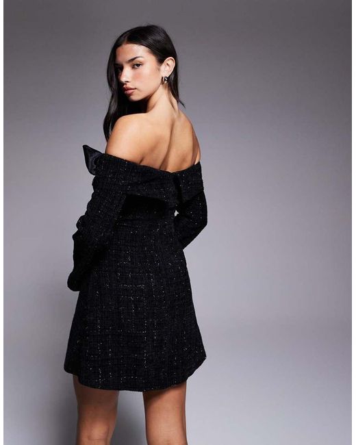 ASOS Boucle Bardot Mini Dress With Pleated Skirt And Bow in Black | Lyst UK