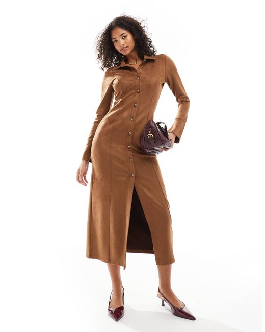 ASOS Faux Suede Button Through Long Sleeve Maxi Dress in Brown | Lyst