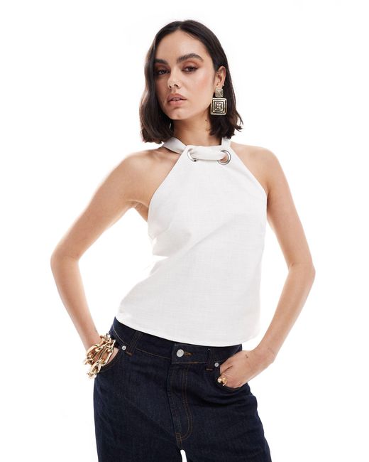 ASOS Linen Halter Top With Eyelet Detail in White | Lyst