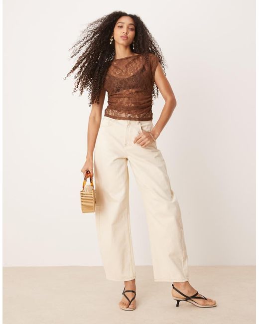 ASOS Sheer Lace Off Shoulder Ruched Side Top in Brown | Lyst UK