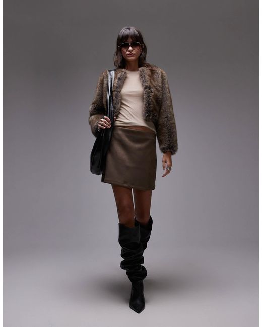 Mango Cropped Mixed Faux Fur Jacket in Brown | Lyst