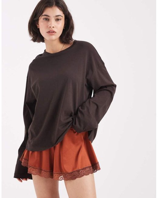 Miss Selfridge Satin Lace Trim Micro Shorts in Brown | Lyst UK