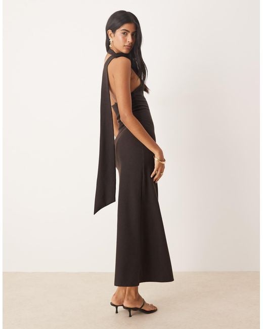 ASOS Ribbed One Shoulder Neck Scarf Midi Dress in Natural | Lyst