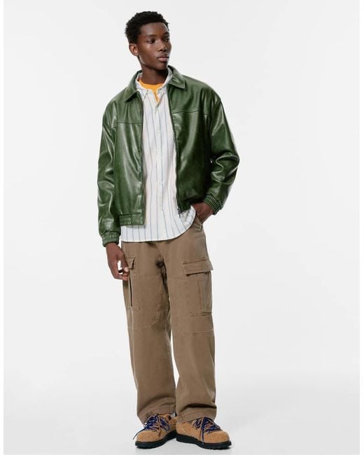 Pull&Bear Leather Effect Jacket in Green for Men | Lyst UK