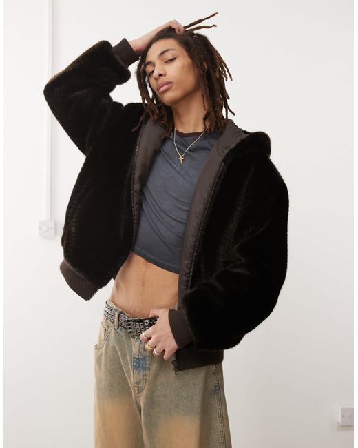 Collusion Faux Fur Hooded Jacket in Black | Lyst