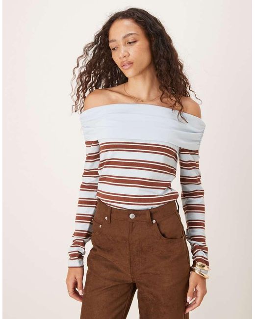 ASOS Textured Stripe Fold Over Off Shoulder Top in Brown | Lyst UK