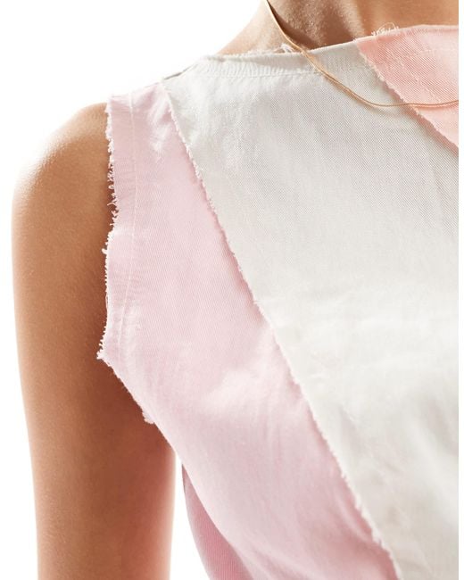 ASOS Aline Contrast Panel Denim-Look Midi With Raw Hem in Pink | Lyst