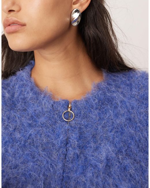ASOS Fluffy Knit Zip Through Cropped Cardigan in Blue | Lyst