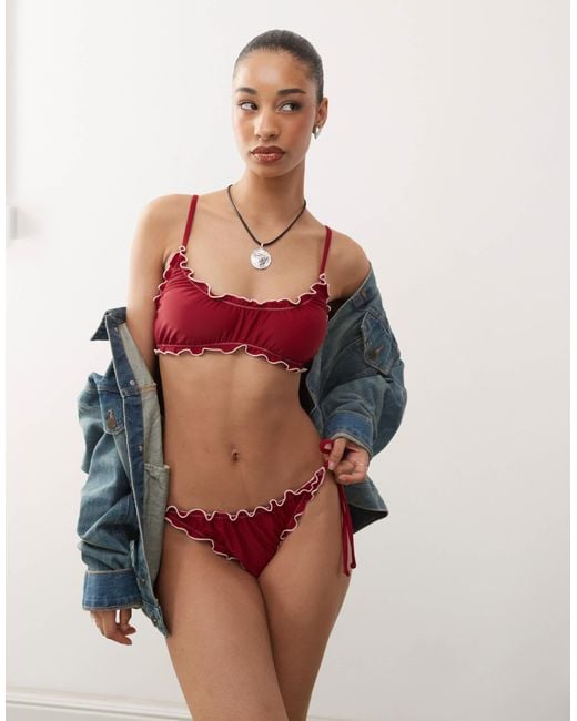 Reclaimed (vintage) Tie Side Bikini Bottoms With Frills in Red | Lyst