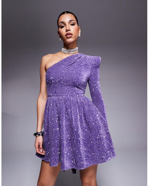 ASOS Sequin One Shoulder Skater Bow Back Mini Dress in Purple | Lyst