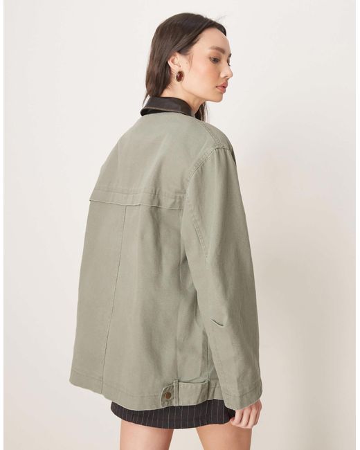 ASOS Oversized Washed Barn Jacket With Leather Look Collar in Gray | Lyst