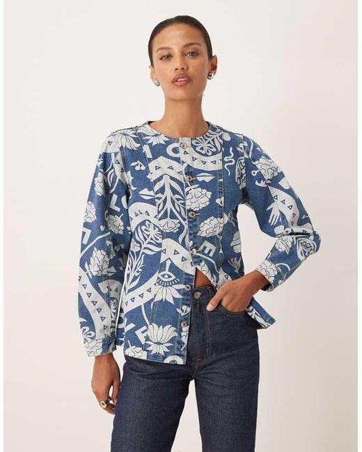 Never Fully Dressed Amara Printed Denim Structured Balloon Sleeve ...