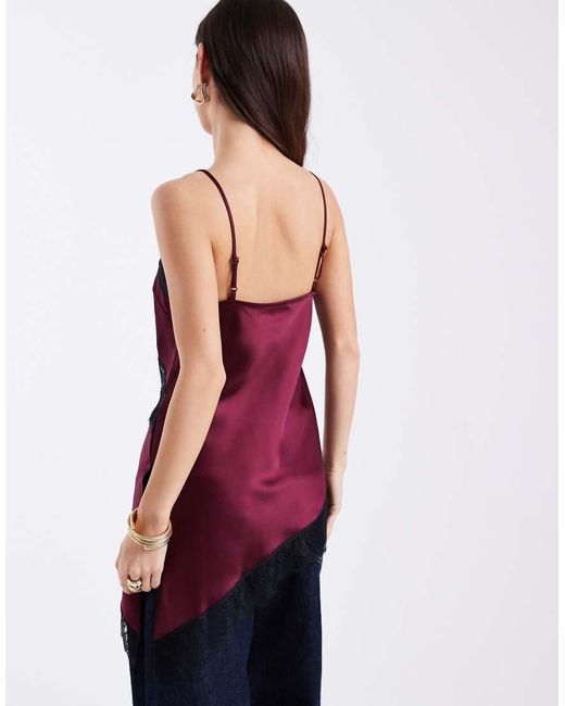 ASOS Satin Asymmetric Lace Cami in Purple | Lyst UK