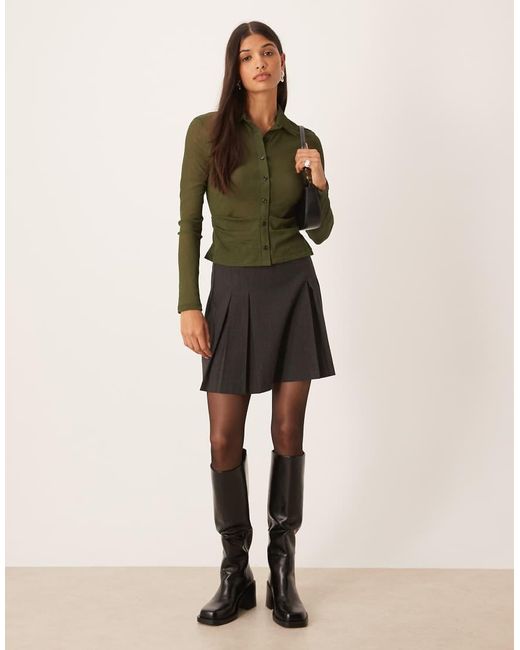 ASOS Sheer Rib Button Through Long Sleeve With Ruched Detail in Green ...