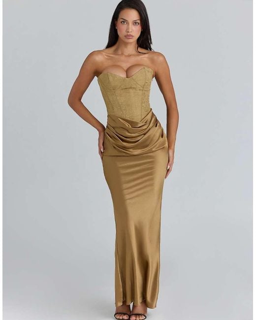 House Of Cb Aurelia Bronze Brocade Satin Corset Maxi Dress in Metallic ...