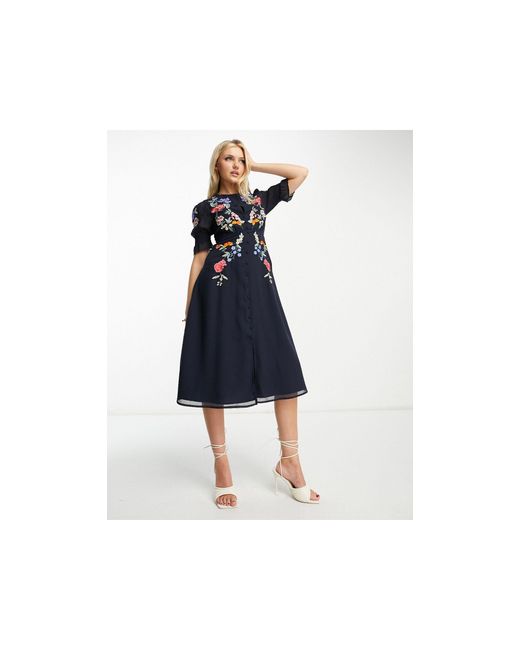 Hope And Ivy Puff Sleeve Embroidered Midi Dress In Blue Lyst