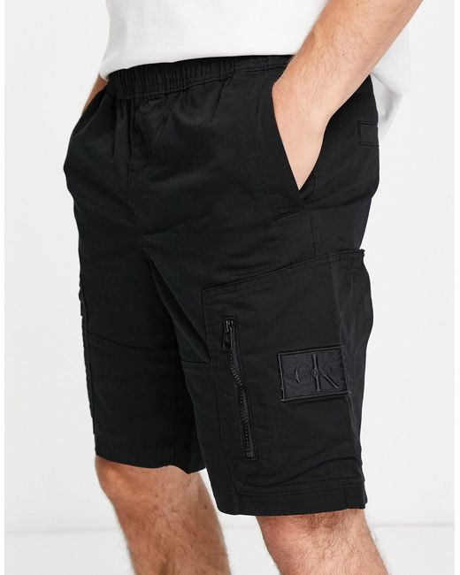 Calvin Klein Denim Washed Cargo Shorts With Zip Detail In Black For Men