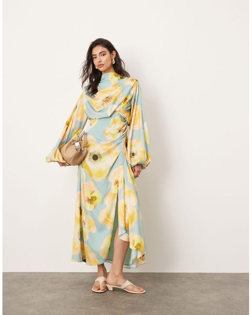 ASOS Satin Volume Blouson Sleeve Satin Midi Dress in Metallic | Lyst