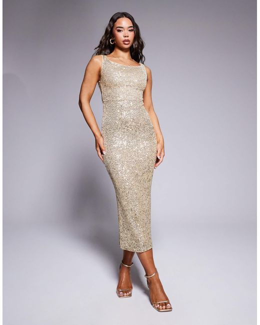 ASOS Sequin Super Scoop Bardot Midi Dress in Metallic | Lyst