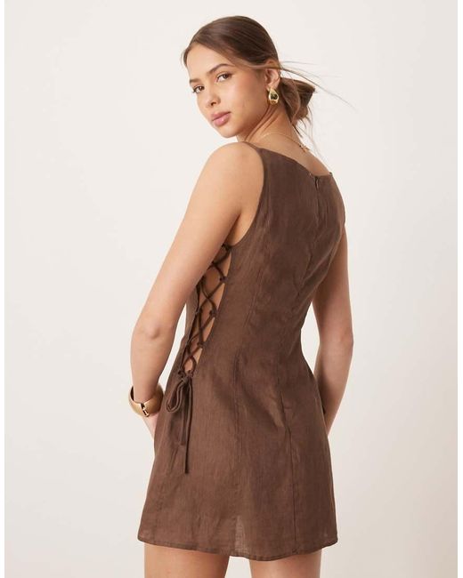 Vrg Grl Nova Linen Mini Dress With Tie Side in Brown | Lyst UK