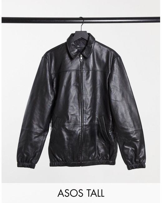 Asos Tall Leather Harrington Jacket In Black For Men Lyst Uk