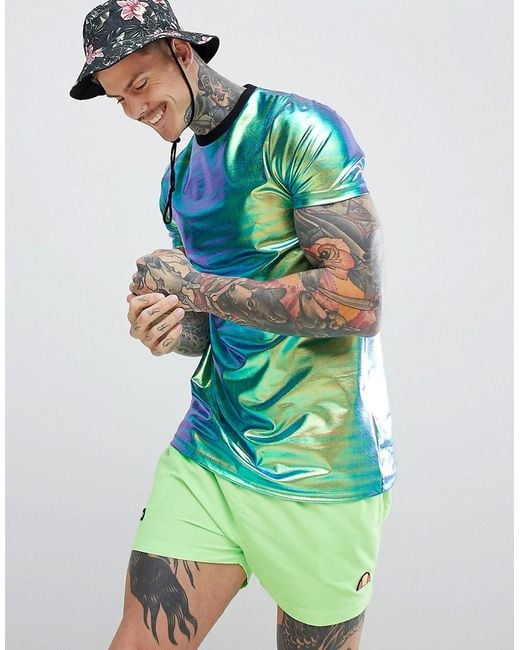 ASOS Festival T-shirt In Holographic Metallic Blue Fabric for Men | Lyst