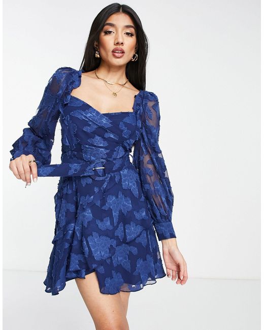 Asos Synthetic Floral Jacquard Mini Dress With Ruffle Detail And Belt