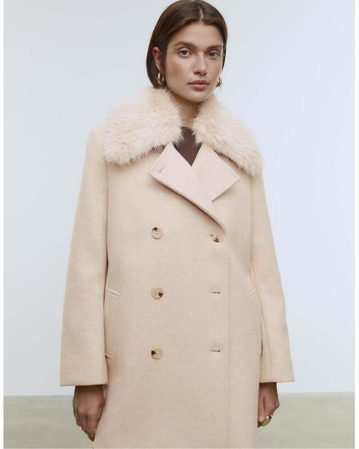 Stradivarius Coat With Faux Fur Collar With Felt Texture in Natural ...