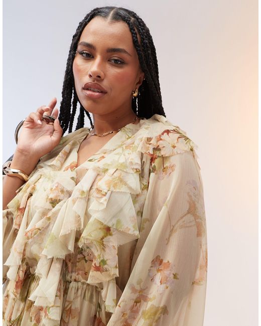 ASOS Curve Raw Edge Ruffle Maxi Dress With Drawstring Waist in Natural ...