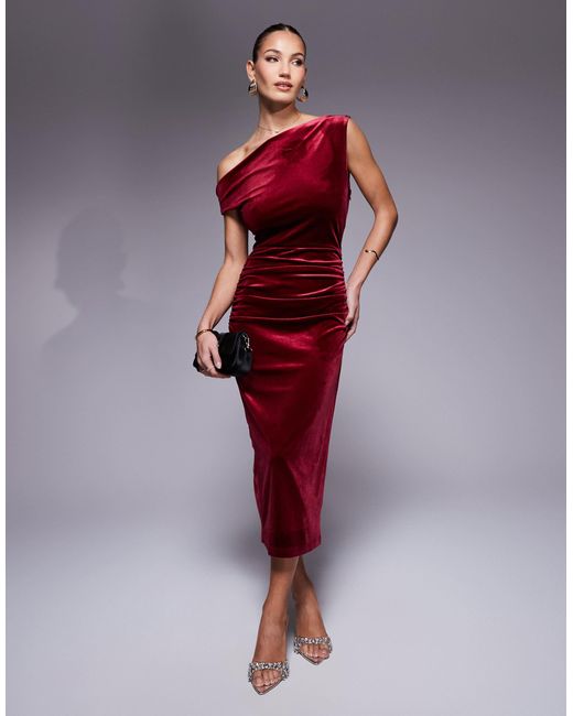 True Violet Velvet Drape Shoulder Midi Dress in Red | Lyst