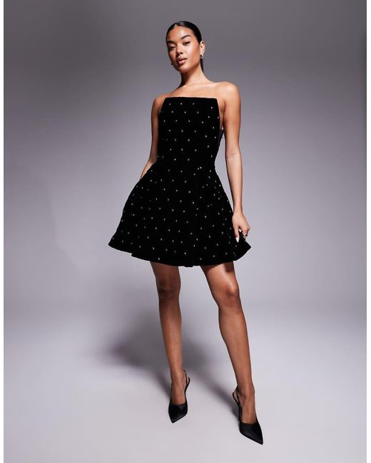 ASOS Quilted Velvet Mini Dress With Diamante Details in Black | Lyst UK