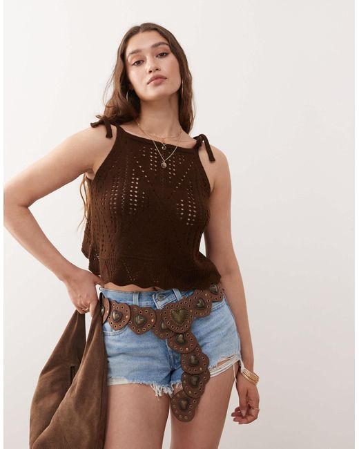 Miss Selfridge Crochet Asym Boho Cami Top in Brown | Lyst