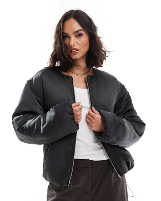 ASOS Satin Puffer Collarless Bomber Jacket in Black | Lyst