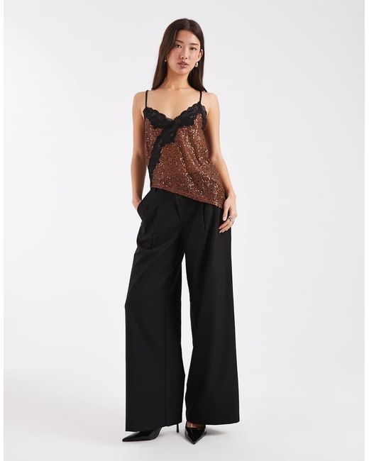 ASOS Asymmetric Sequin Cami With Lace Trim in Black | Lyst UK