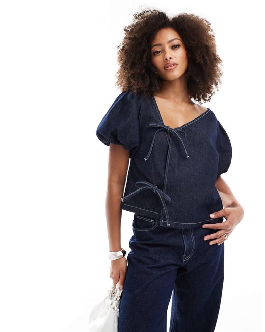 ASOS Denim Asymmetric Tie Side Top in Blue | Lyst
