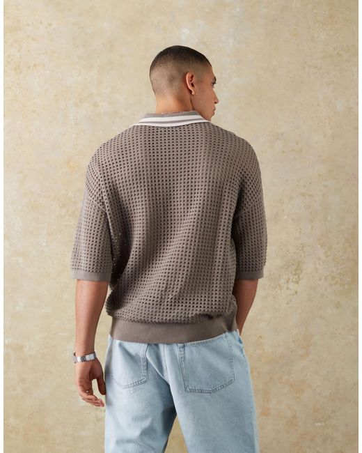 ASOS Relaxed Boxy Fit Pointelle Open Knitted Polo With Collar Tipping ...