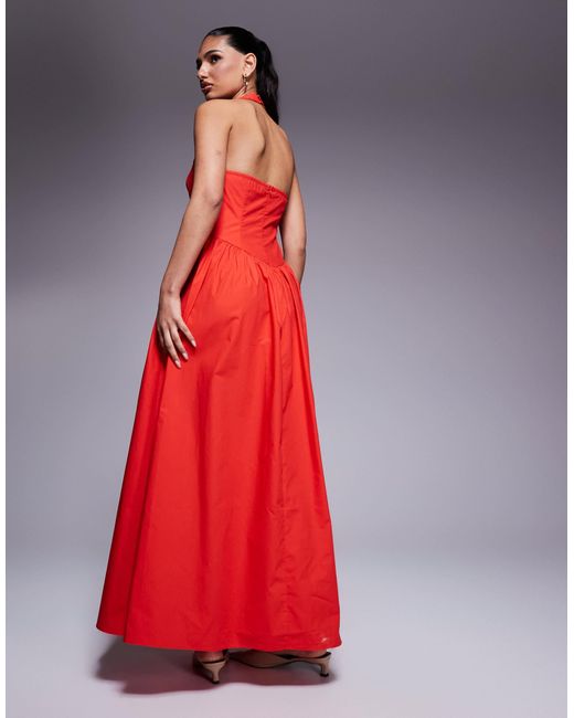 Kaiia Exclusive Poplin Square Neck Halter Maxi Dress in Red | Lyst